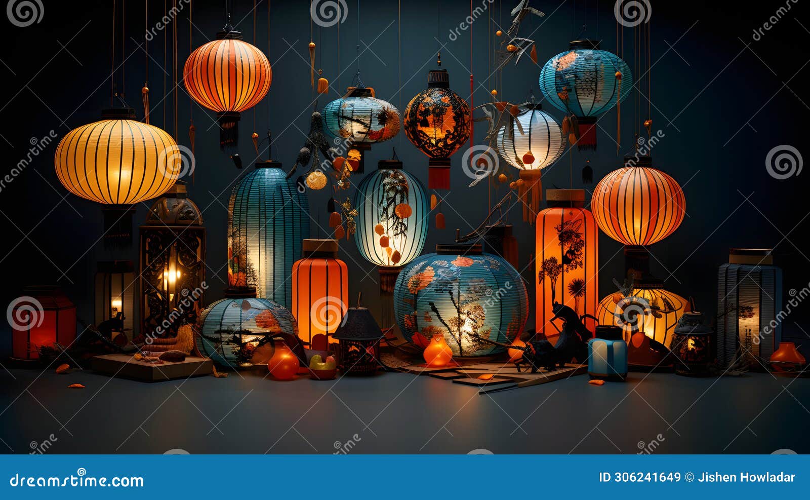 A Modern 3D Render Featuring an Abstract Arrangement of Lanterns Stock ...