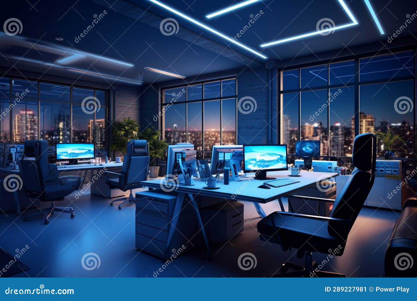 Modern 3d Rendering of Modern Office Interior with City View and Night ...