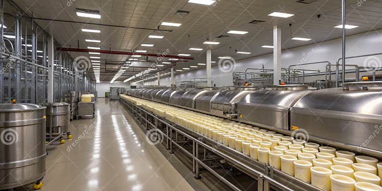Modern Dairy Processing Facility with Large Vats and Containers during ...