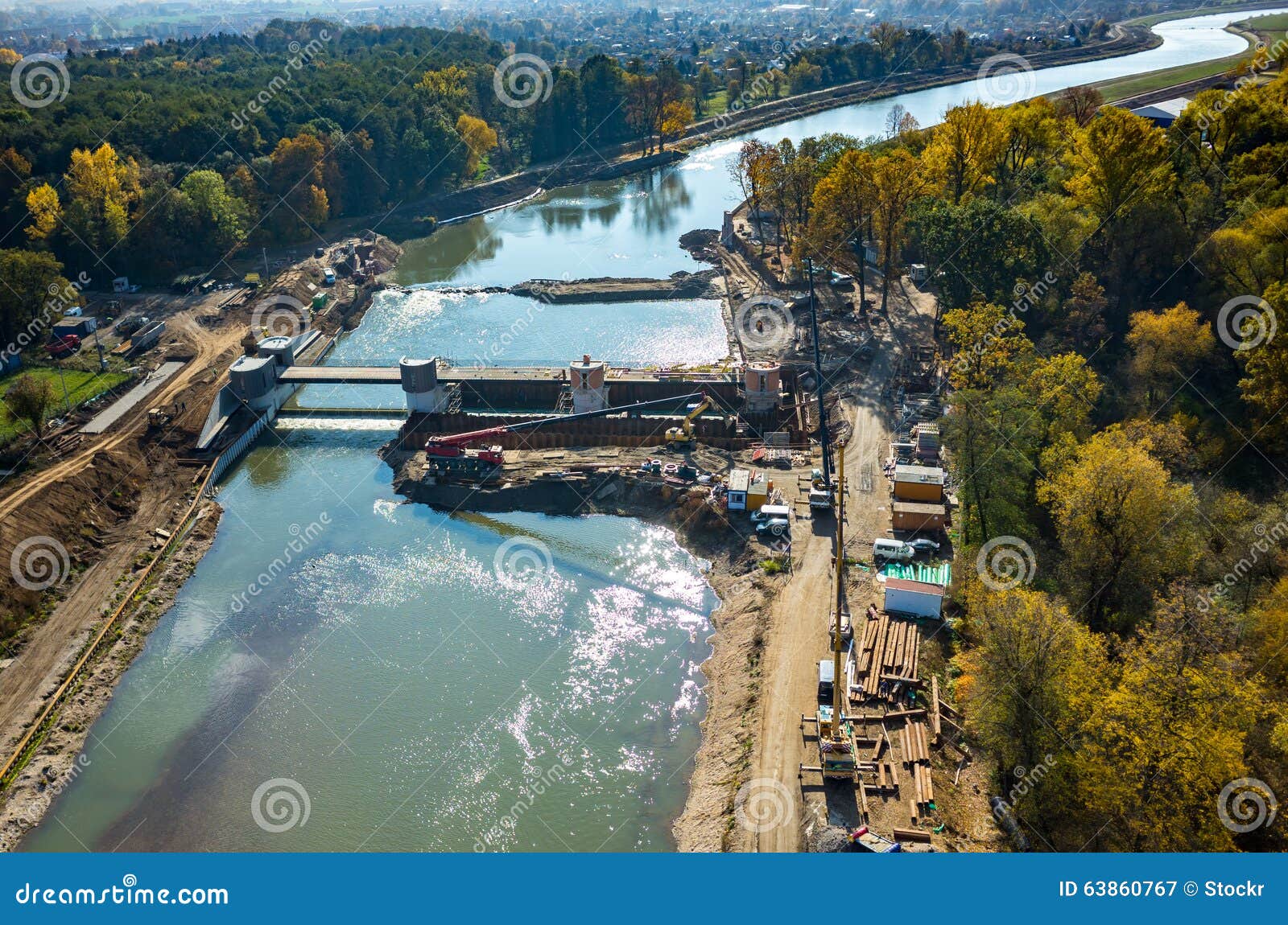 Modern dam on the river stock image. Image of aerial - 63860767