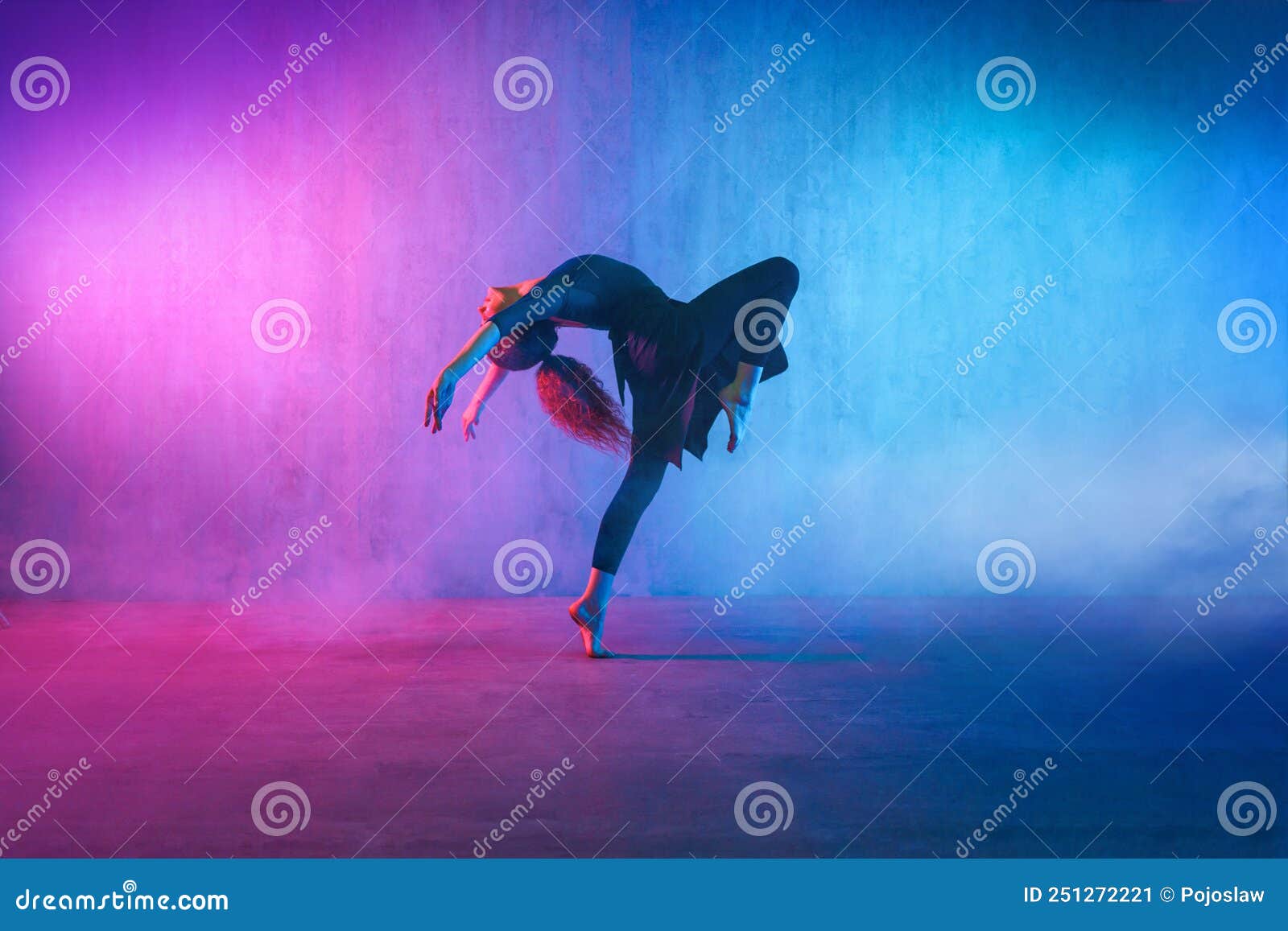 Modern Dance Girl Dancer Dancing in Neon Light Doing Gymnastic ...