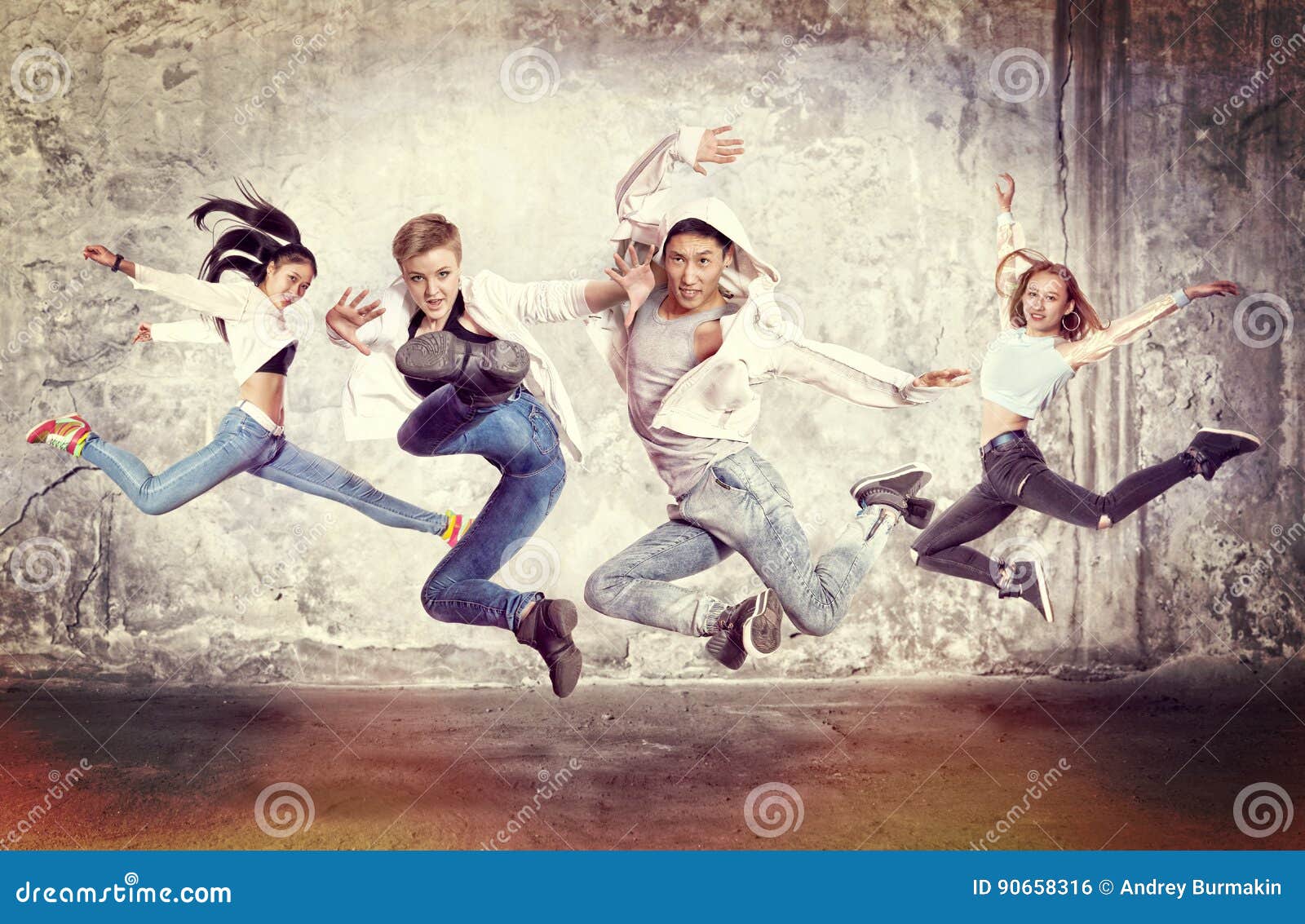 Modern Dancing Group Practice Dancing in Front Wall Stock Photo - Image ...