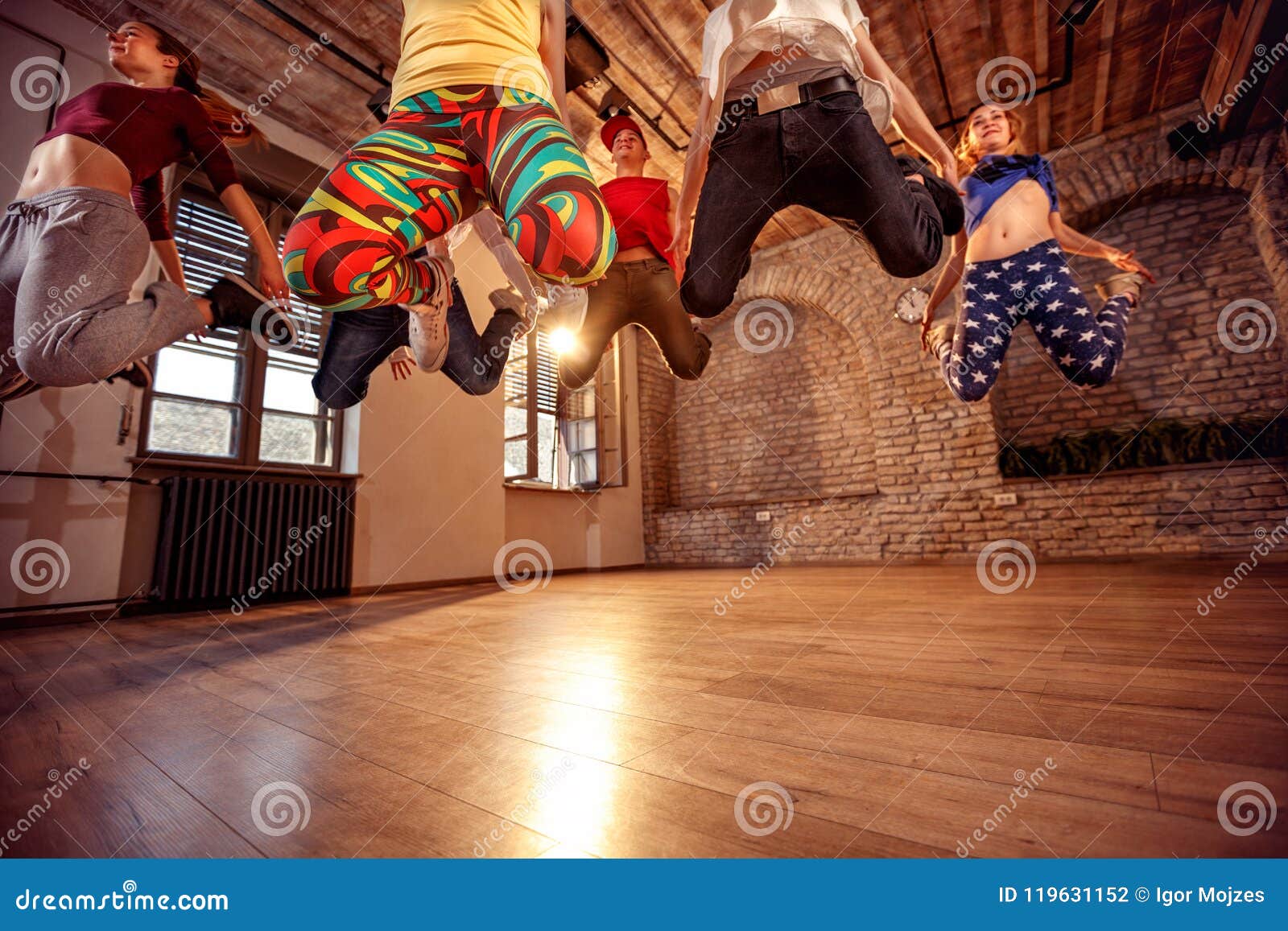 Modern Dancing Group Practice Dancing in Jump Stock Photo - Image of ...