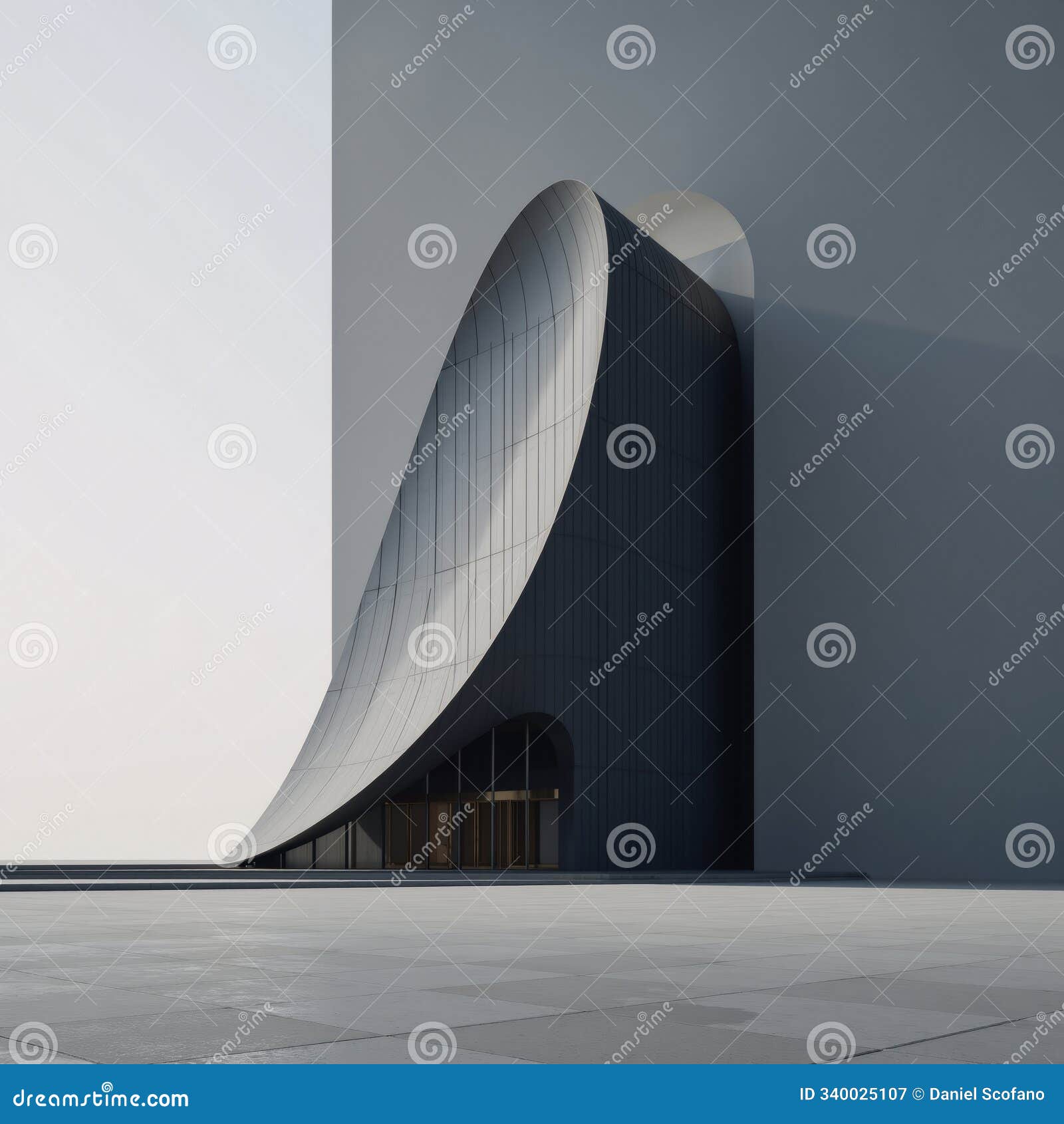 Modern Dark Curved Skyscraper Set Against a Minimalist Square Ground ...