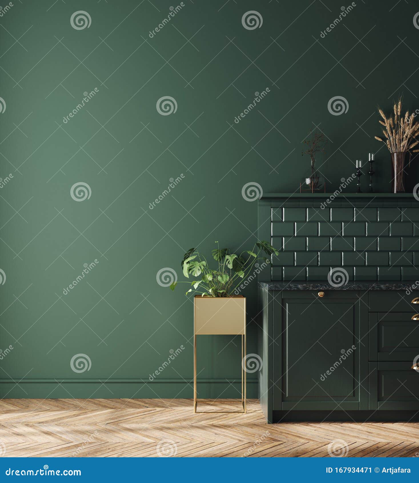 Modern Dark Deep Green Kitchen Interior, Wall Mock Up Stock ...