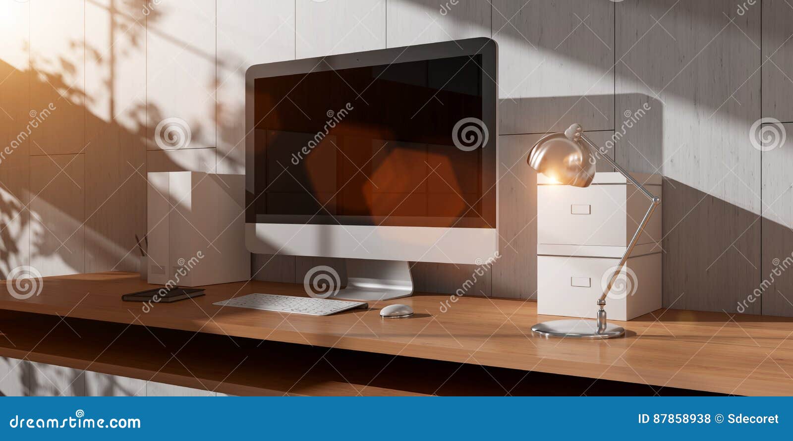 Modern Dark Desk Office Interior with Computer and Devices 3D Re Stock ...