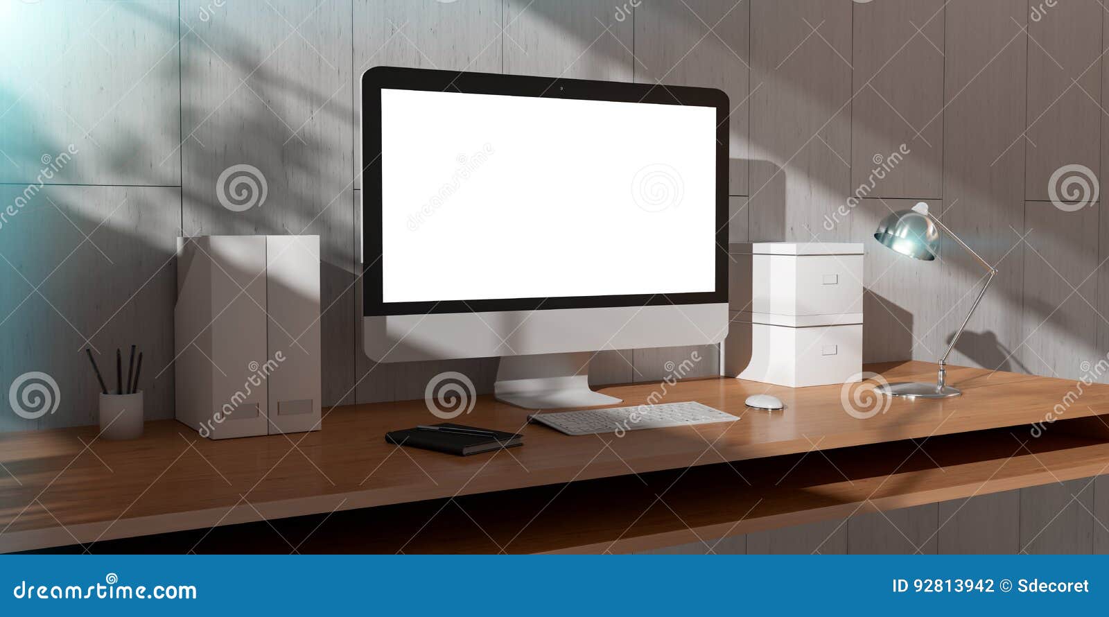 Modern Dark Desk Office Interior with Computer and Devices 3D Re Stock ...