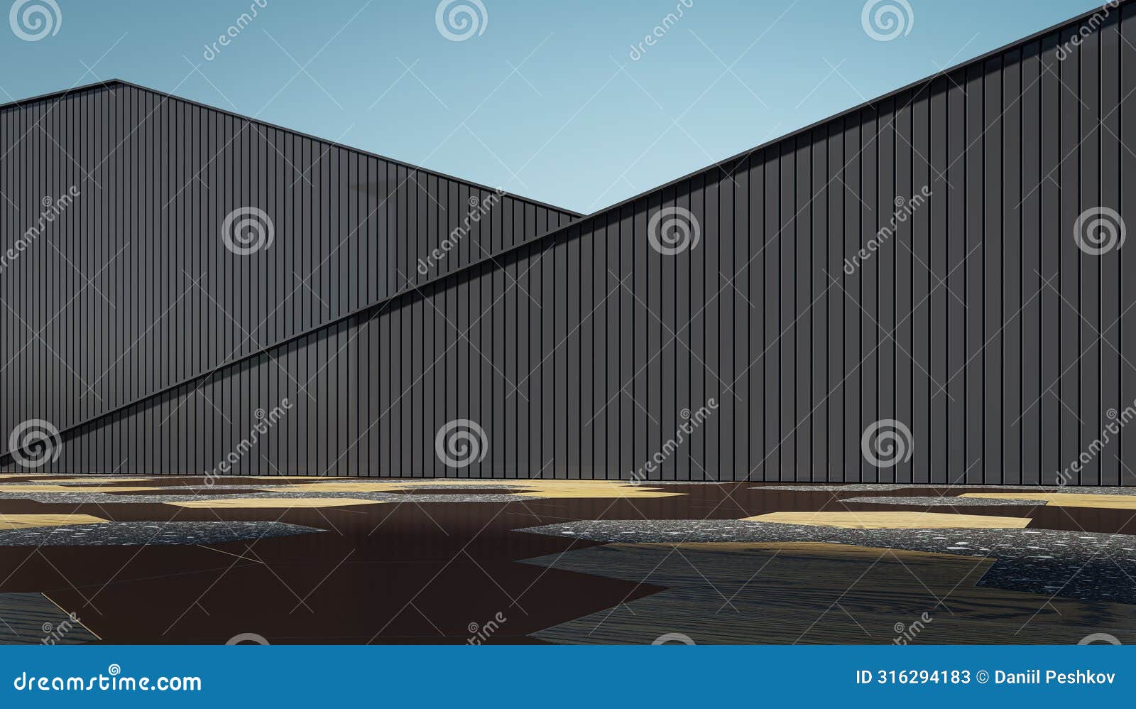 Modern Exterior with Linear Walls and Blue Sky Background. 3D Rendering ...