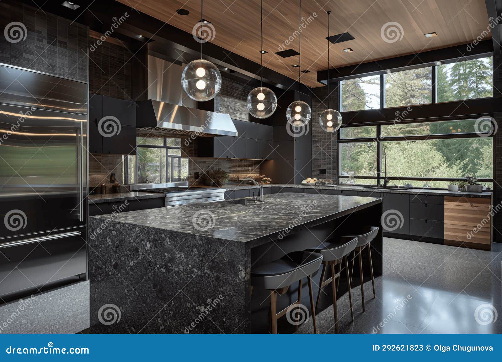 Modern Dark Gray Kitchen Design with Marble Table Stock Image - Image ...