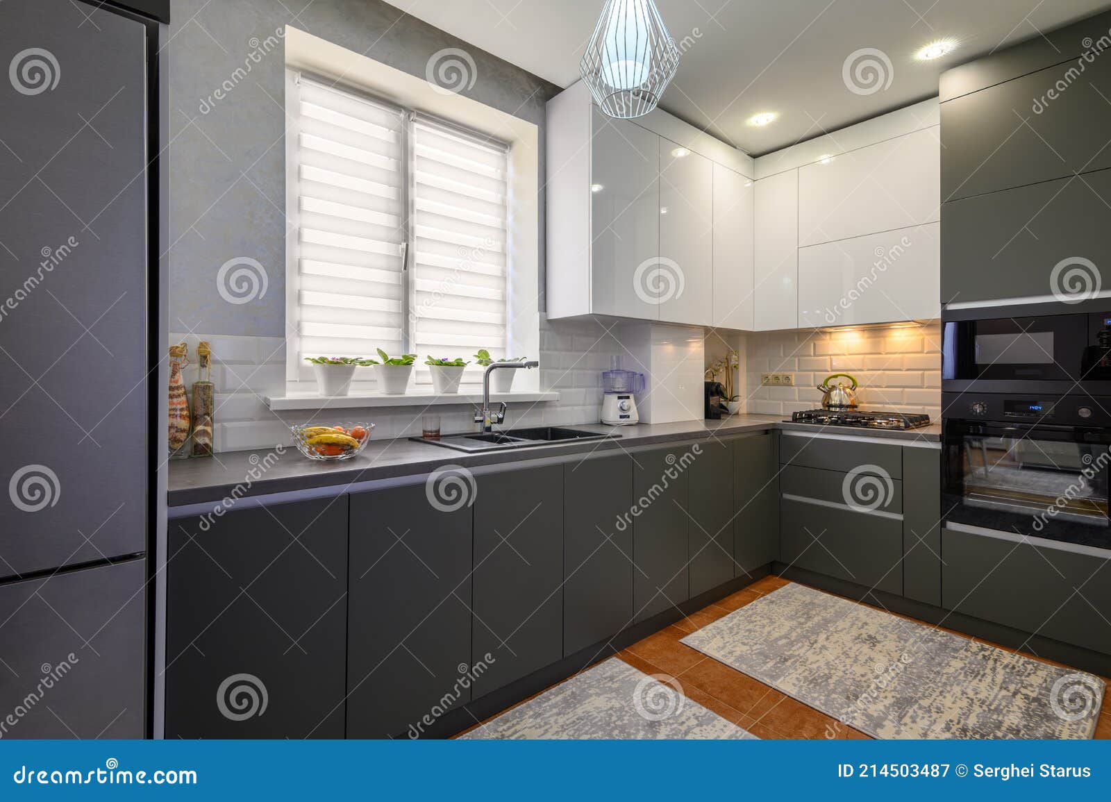 Modern Dark Grey Small Kitchen Interior Stock Image - Image of ...