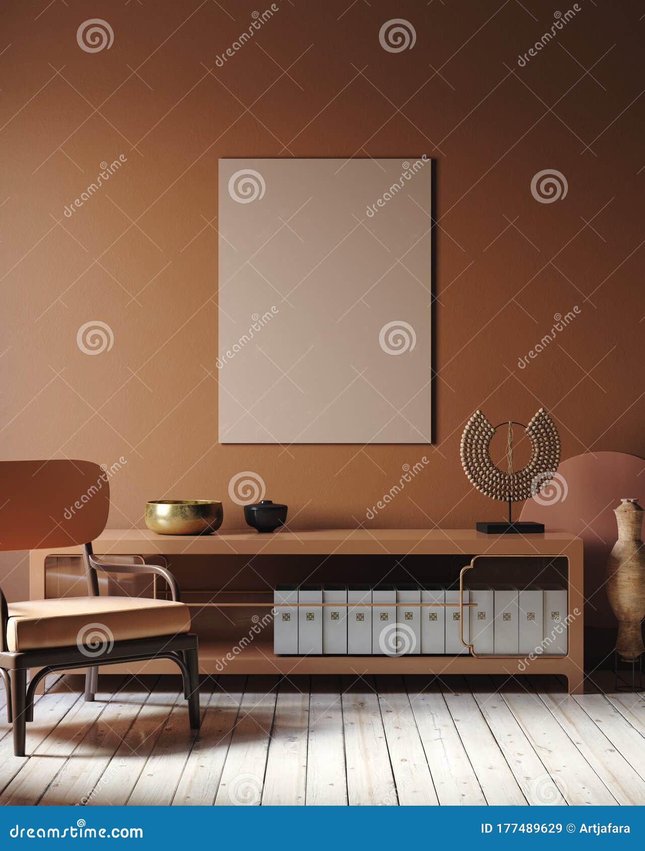 Modern Dark Interior with Commode, Chair and Decor in Terracotta Colors ...