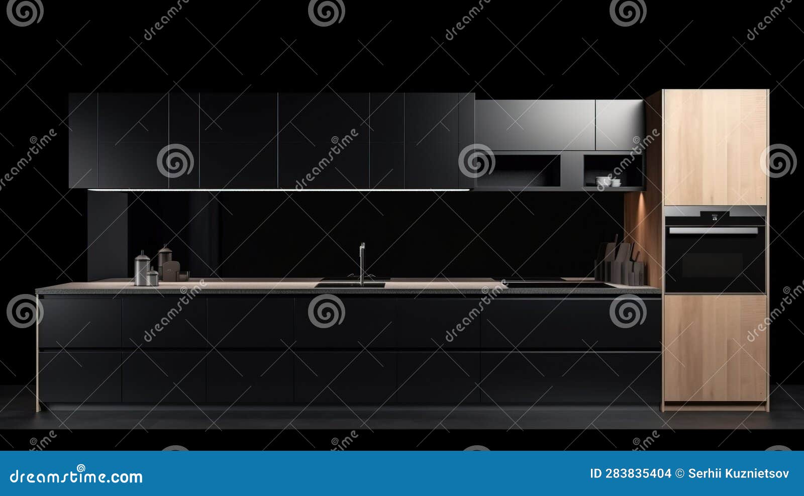 Modern Dark Kitchen with Backlight, Minimalist Interior Design on Black ...