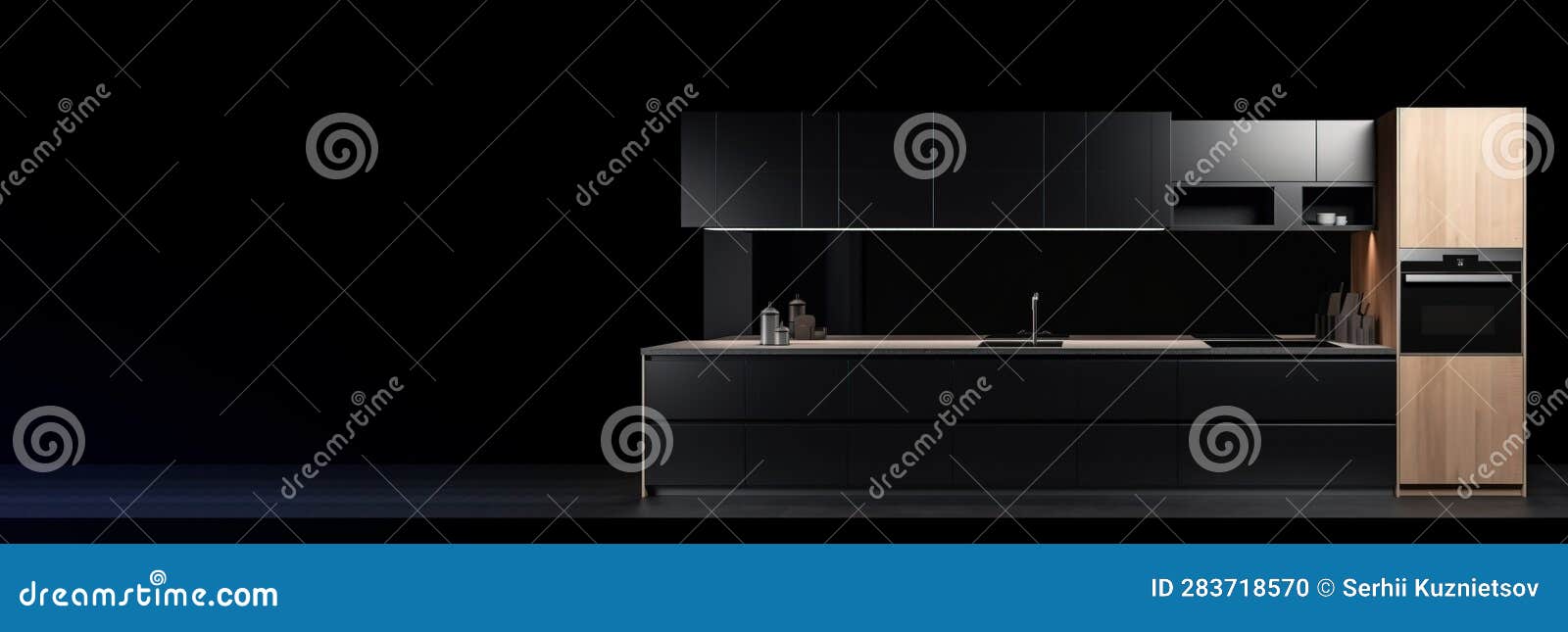 Modern Dark Kitchen with Backlight, Minimalist Interior Design on Black ...