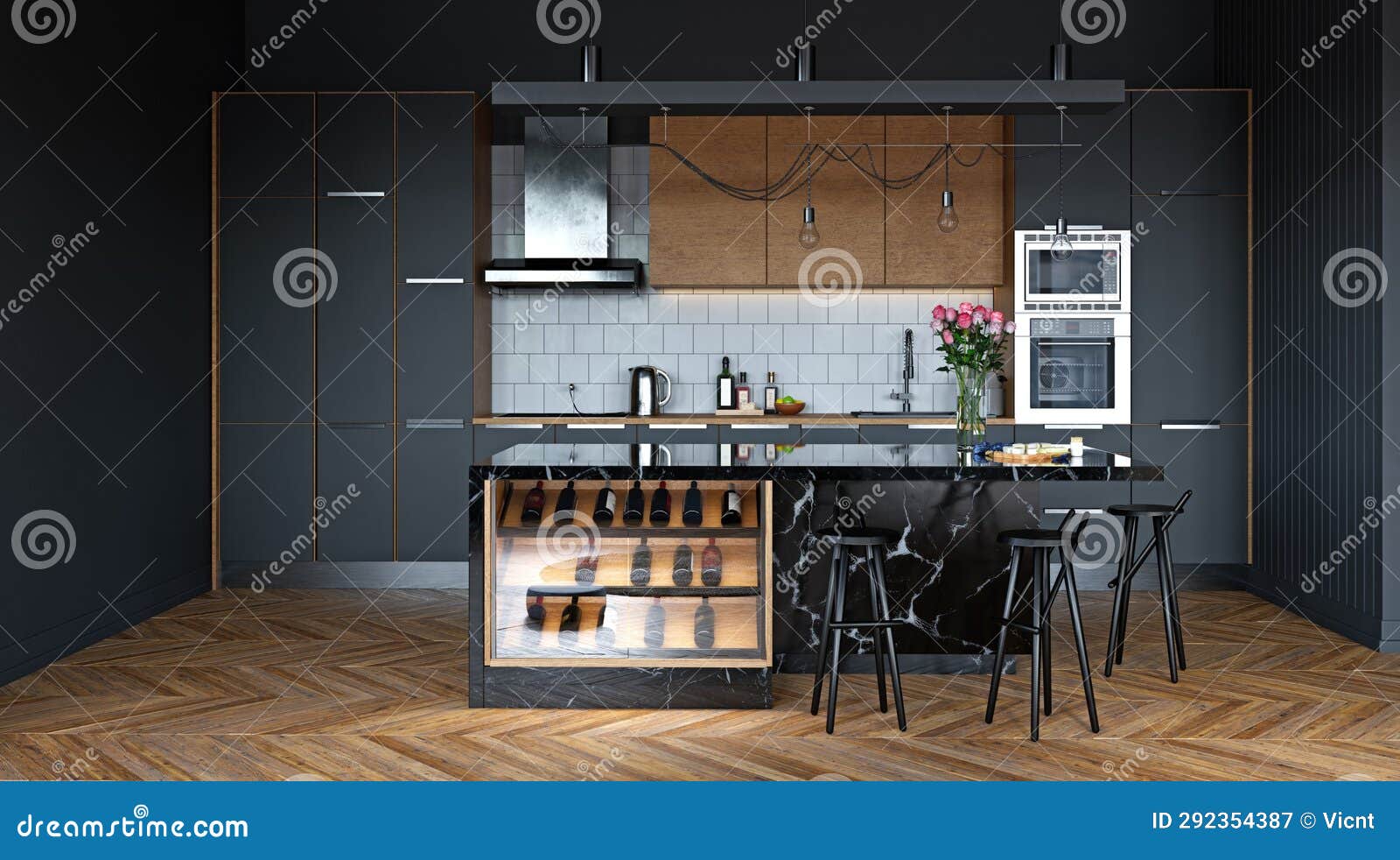 Modern Dark Kitchen Interior. Stock Illustration - Illustration of ...