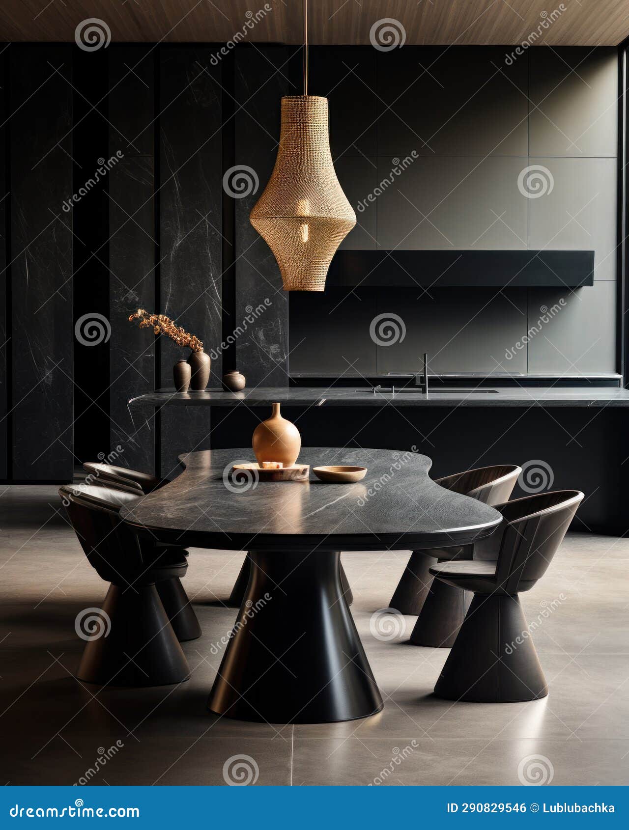 Modern Dark Kitchen Interior with Dining Table Setting Stock ...
