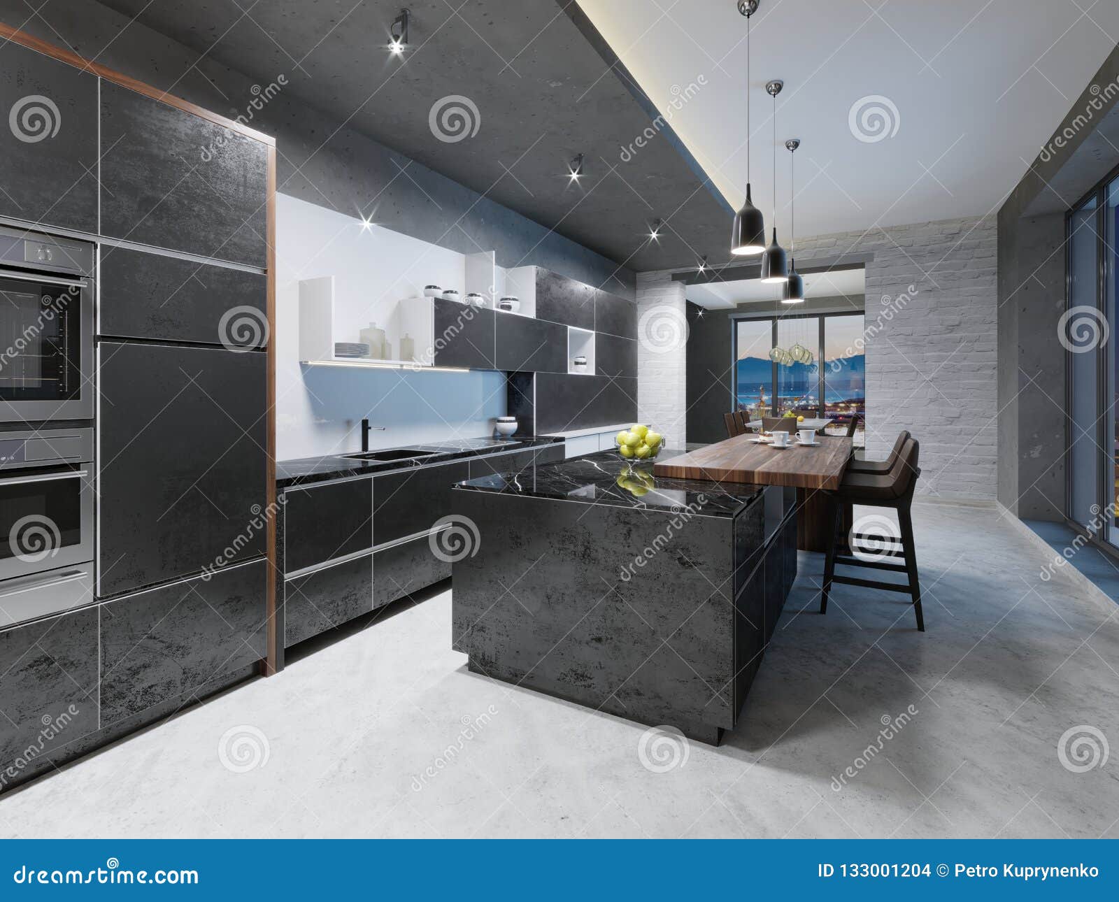 Modern Dark Kitchen Interior with Furniture and Equipment Stock ...
