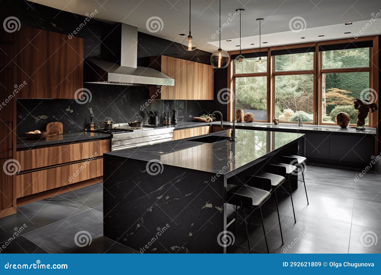 Modern Dark Kitchen with Marble Table Stock Illustration - Illustration ...