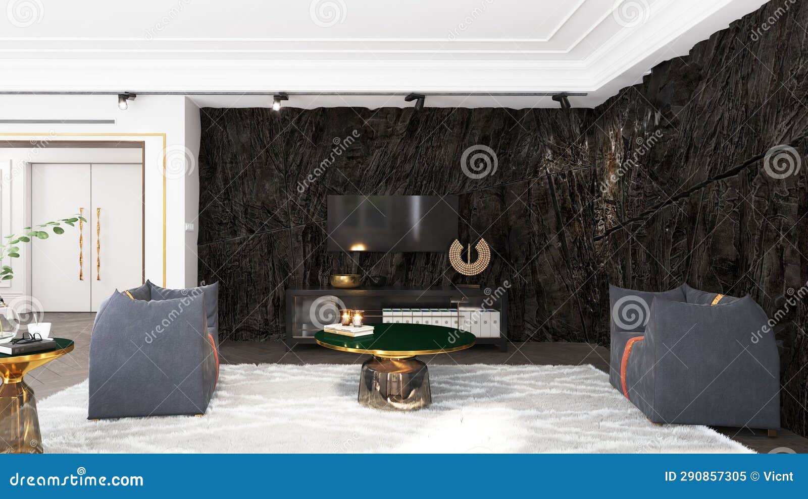 Modern Dark Living Interior with Rock Feature. Stock Illustration ...