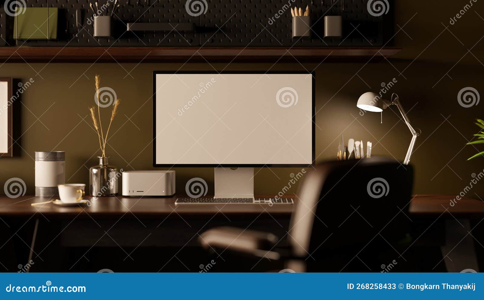 Modern Dark Loft Working Space Interior Design with Computer Mockup on ...