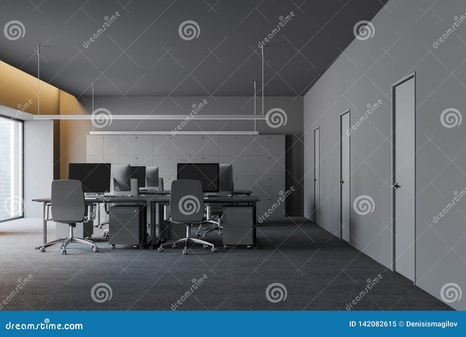 Modern Dark Office Interior with No People and Empty Work Space. 3D ...