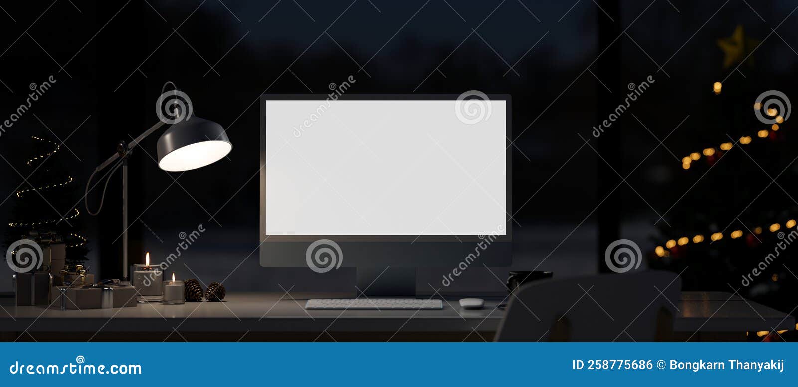 Modern Dark Office Workspace with PC Computer Mockup, Table Lamp ...