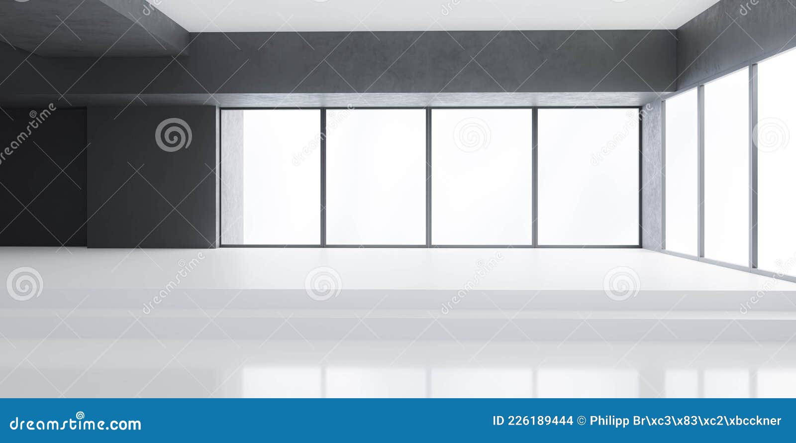 Modern Dark Room Interior with Big Windows and Bright Sun Lighting 3d ...