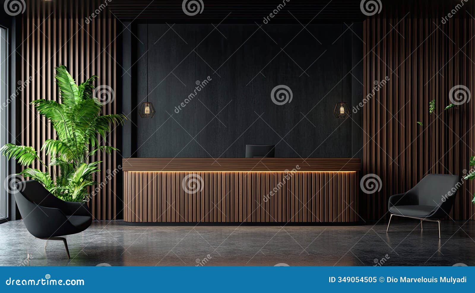 Modern Dark Wood Reception Desk in Office Lobby Stock Image - Image of ...