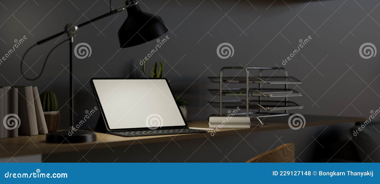 Modern Dark Workspace Interior with Tablet Mockup, Dark Grey Background ...