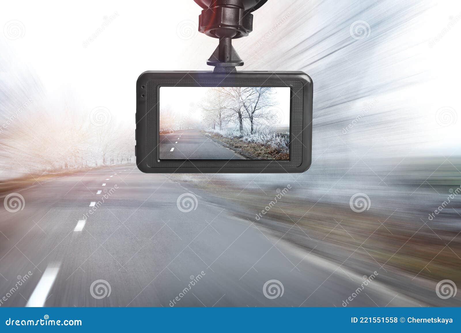 Modern Dashboard Camera Mounted in Car, View of Road Stock Photo ...