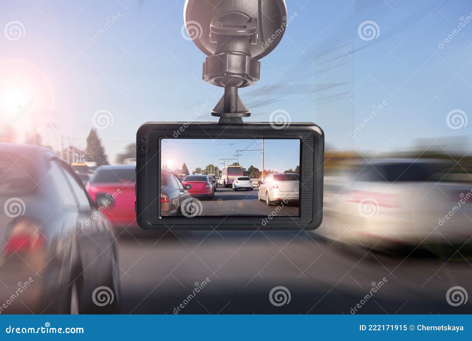 Modern Dashboard Camera Mounted in Car, View of Road during Driving ...