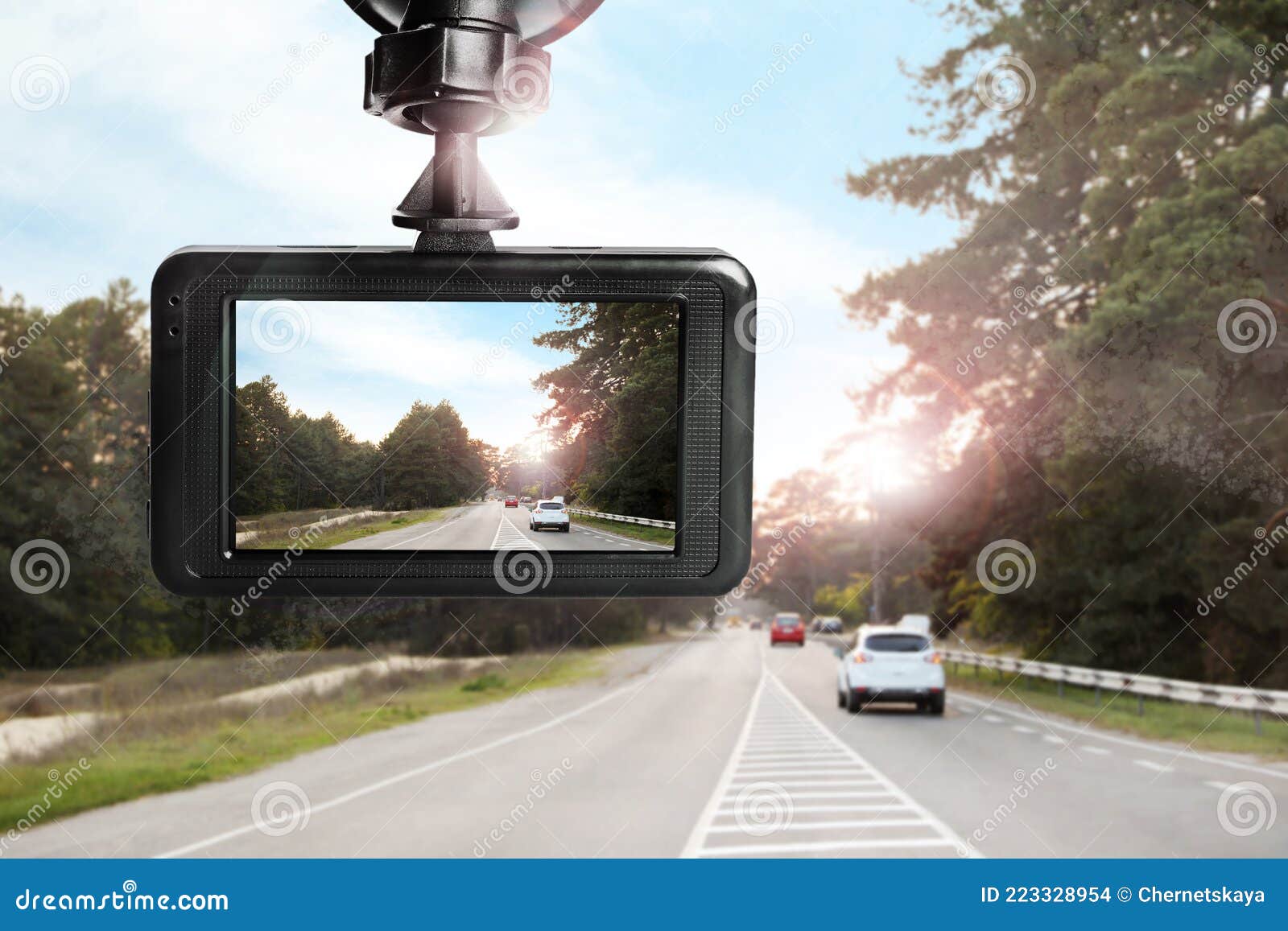 Modern Dashboard Camera Mounted in Car, View of Road during Driving ...