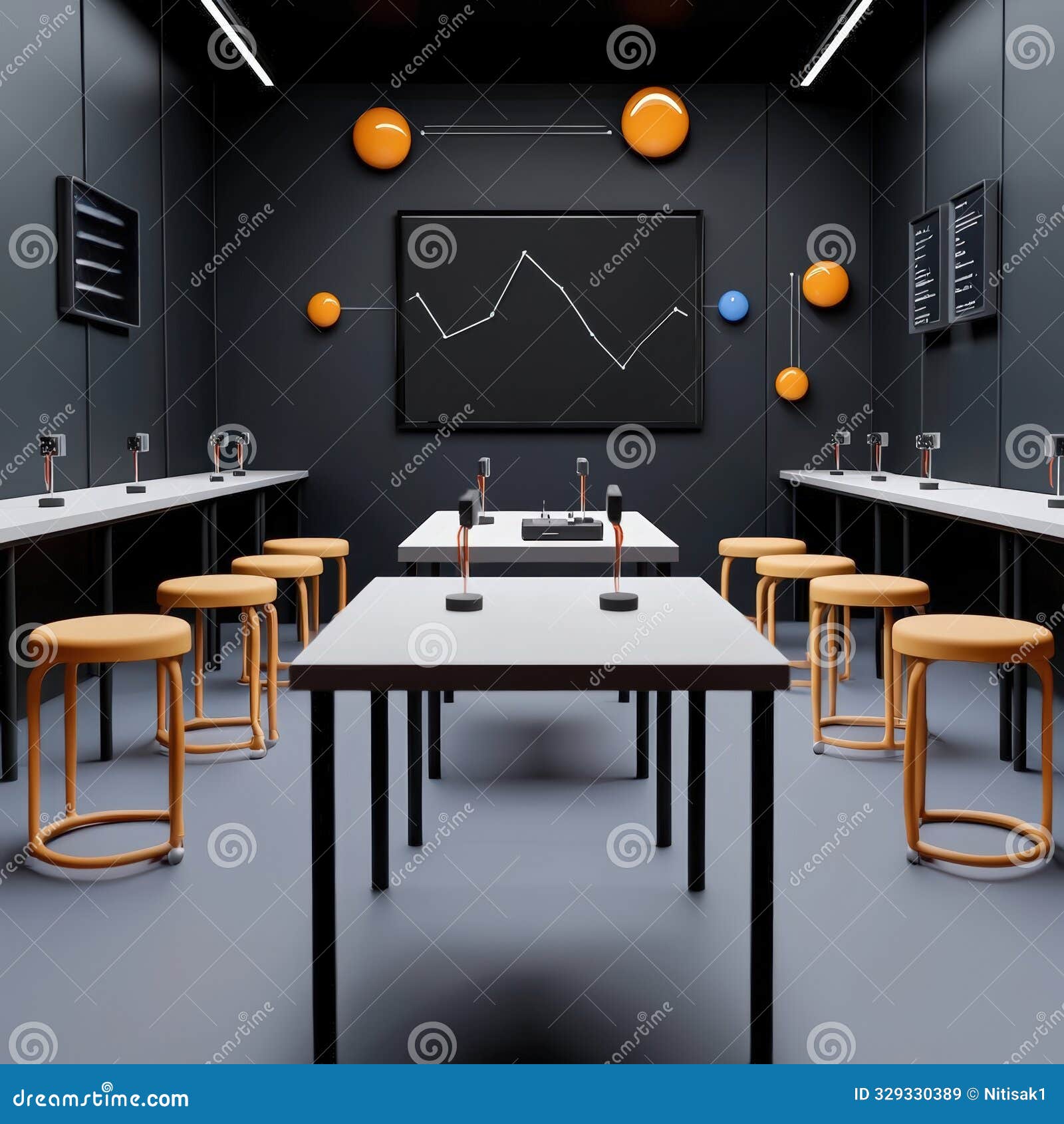 A Modern Data Analysis Room Featuring Sleek Tables Stools and ...