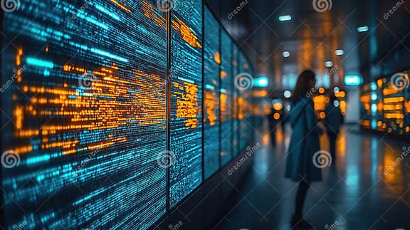 Modern Data Center. AI Algorithms Optimize Processes. Evening Activity. Lots of Screens Display ...