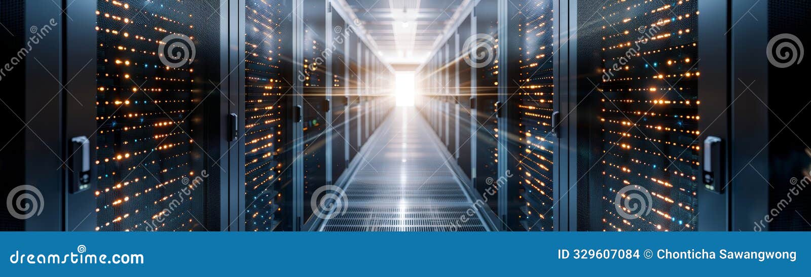 Modern Data Center Aisle with Server Racks on Both Sides and Bright ...