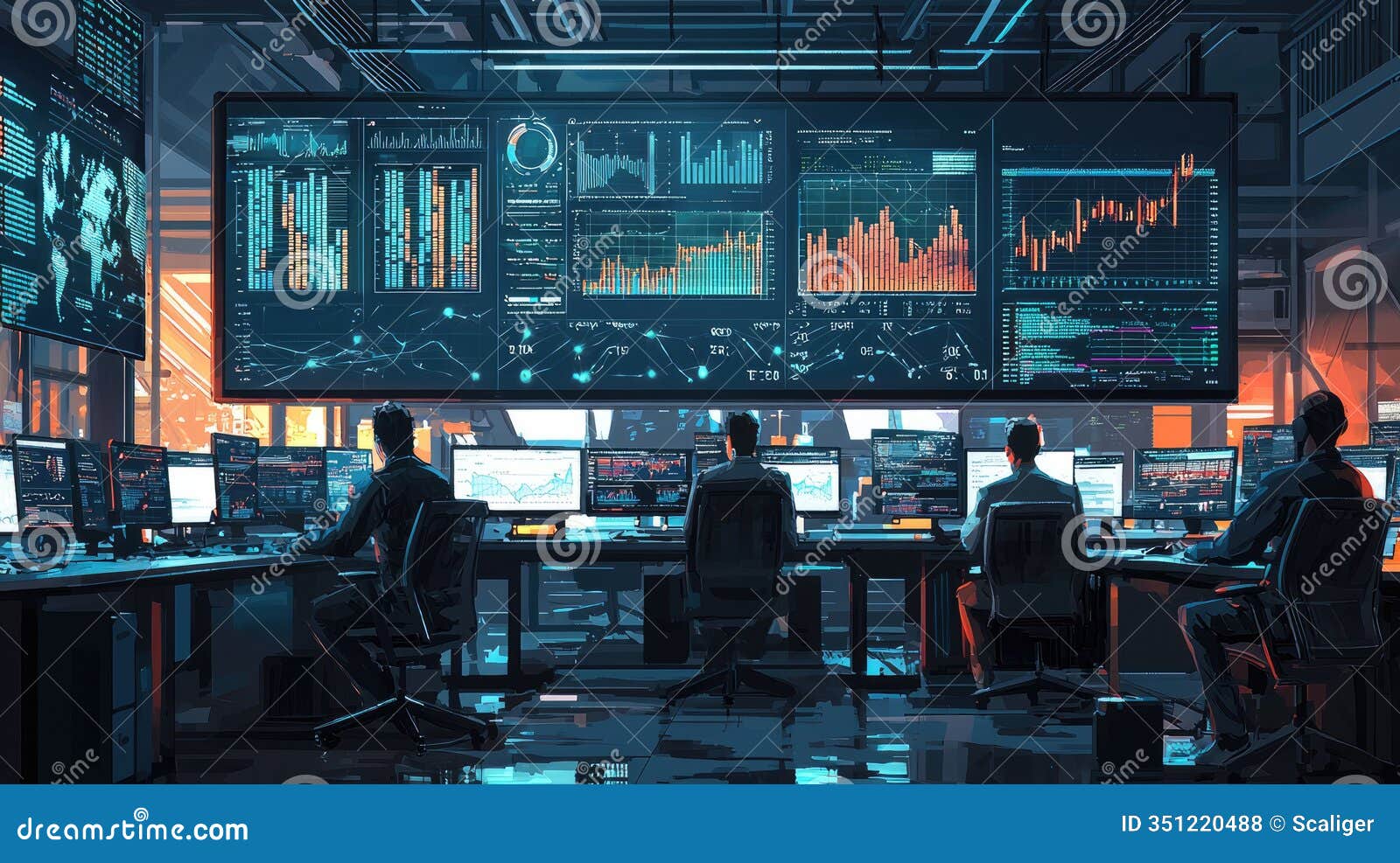 Modern Data Center with Analysts at Workstations Monitoring Digital ...