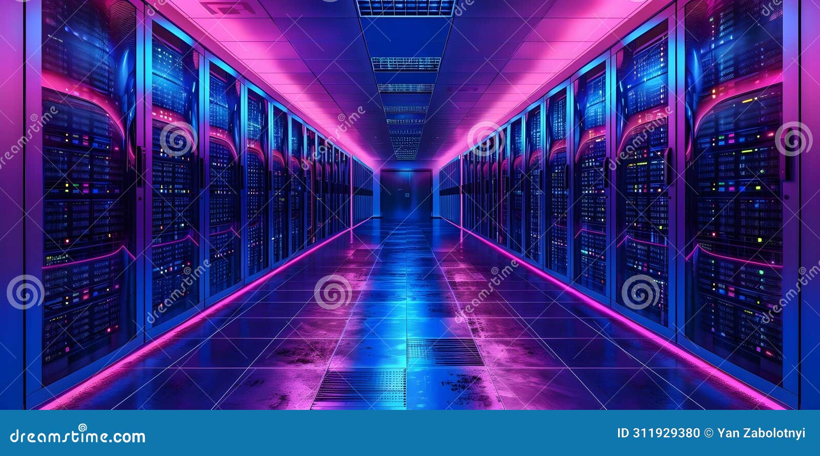 Modern Data Center with Blue LED Lighting Network Technology and Server ...
