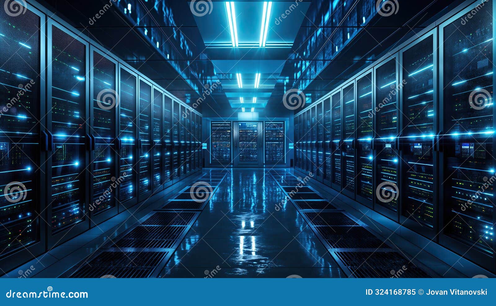Modern Data Center with Blue Lighting and Server Racks Stock ...