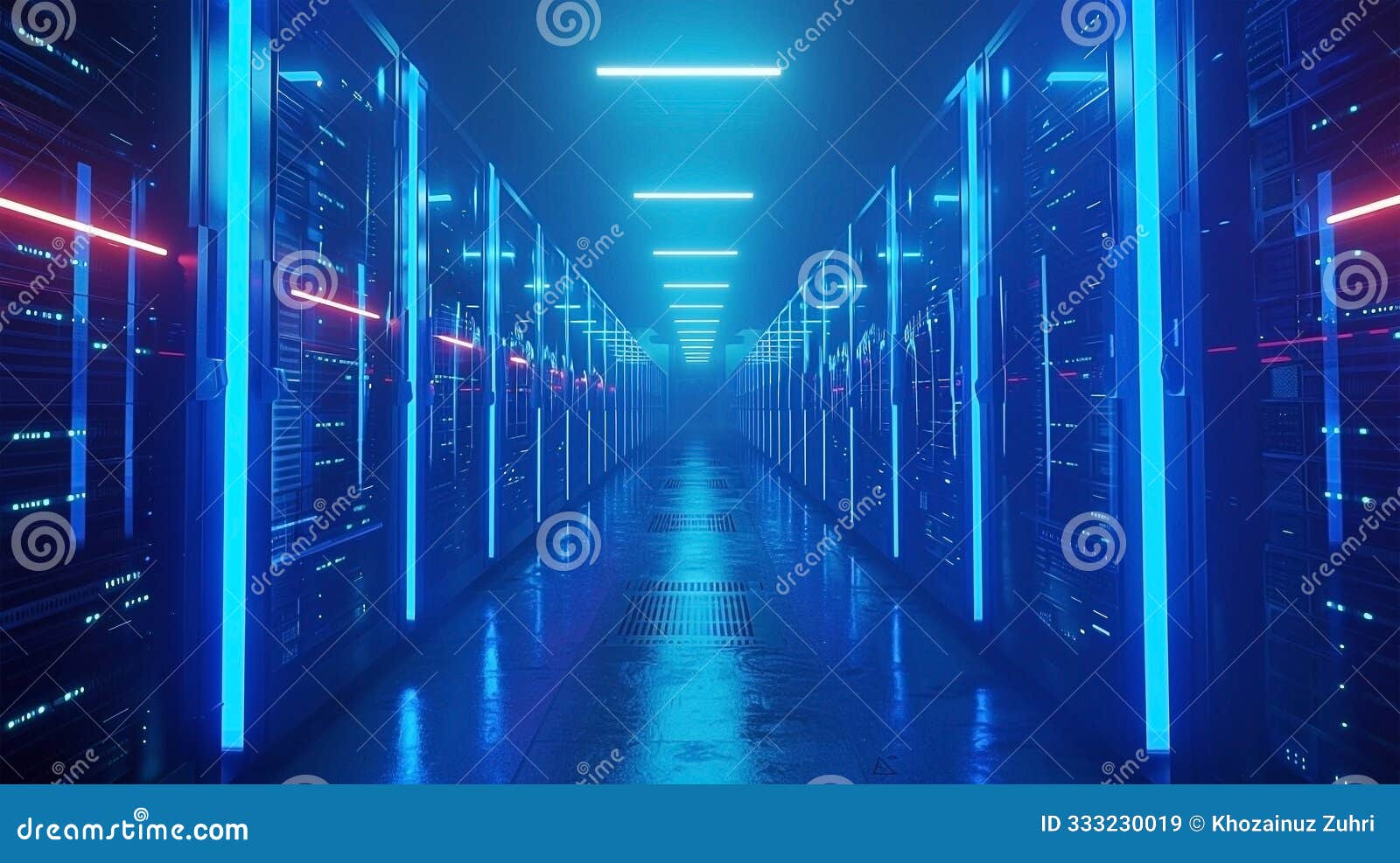 Modern Data Center with Blue Lights - High-Tech Server Room Interior ...