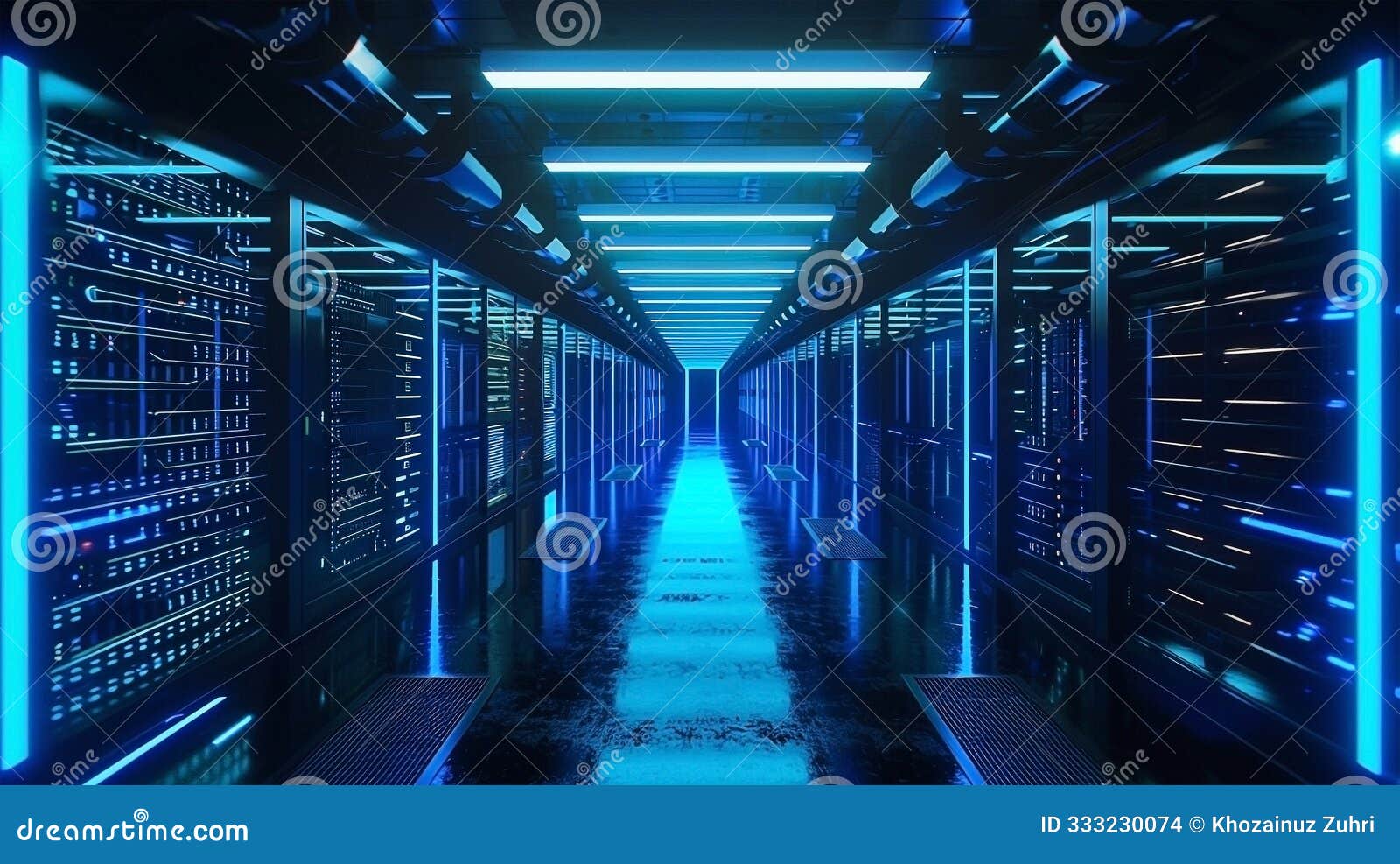 Modern Data Center with Blue Lights - High-Tech Server Room Interior ...