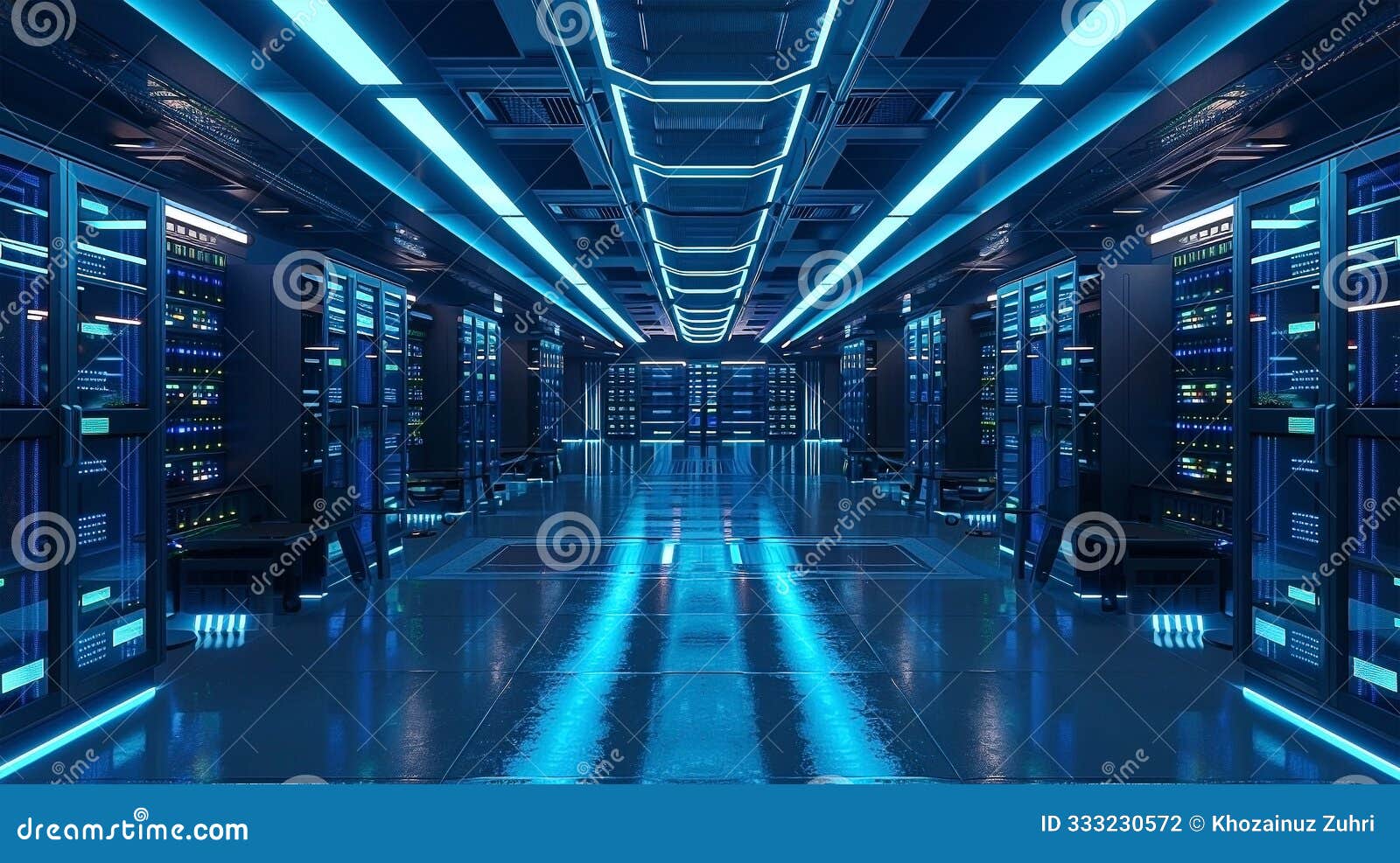 Modern Data Center with Blue Lights - High-Tech Server Room Interior ...