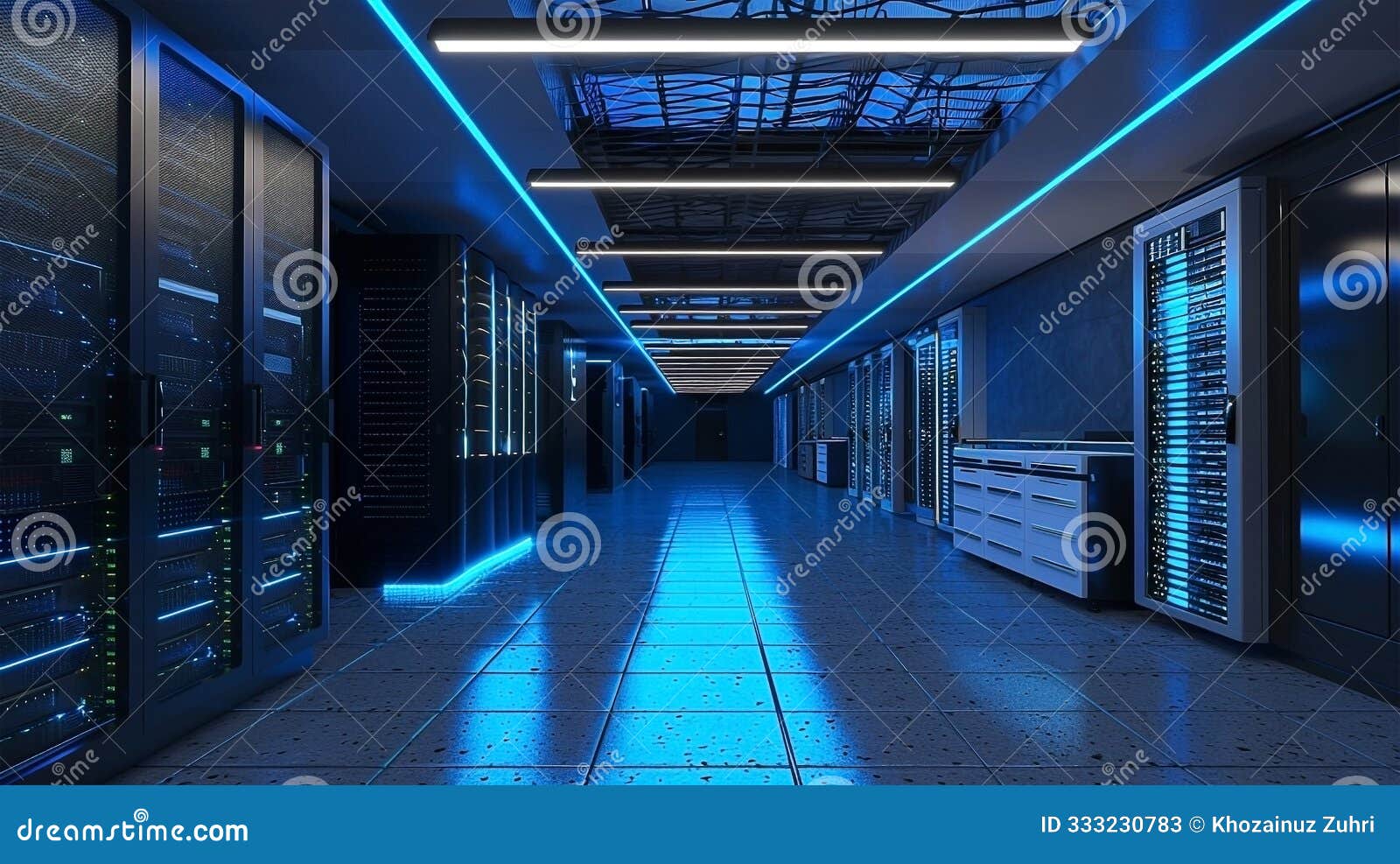 Modern Data Center with Blue Lights - High-Tech Server Room Interior ...