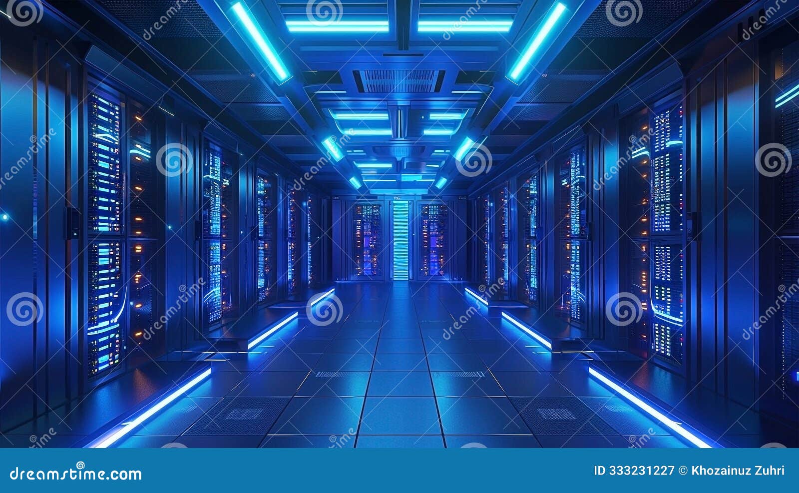 Modern Data Center with Blue Lights - High-Tech Server Room Interior ...