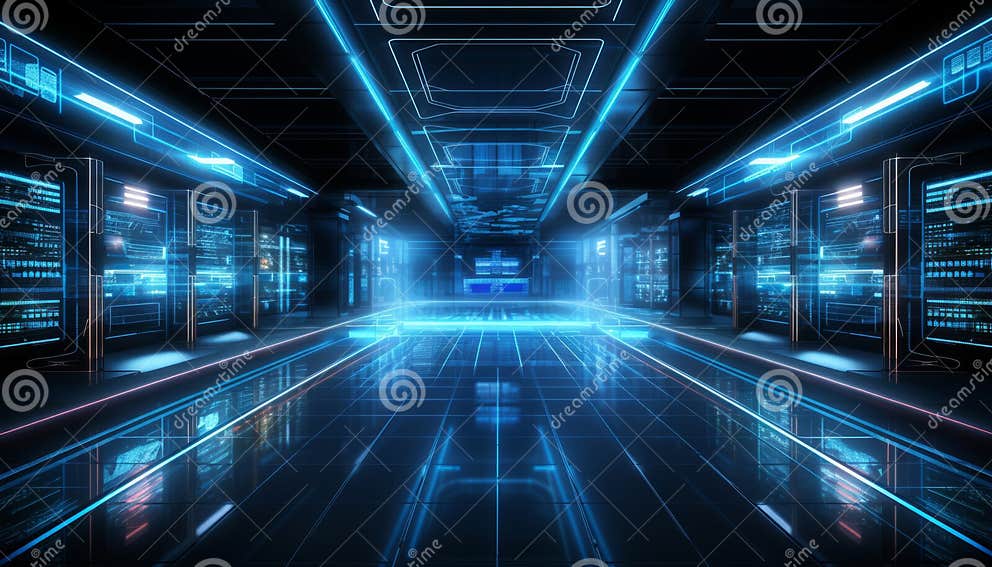 Modern Data Center Concept with State of the Art Server Racks Emitting ...