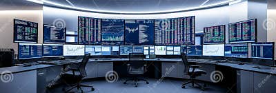 A Modern Data Center Control Room with Multiple Monitors Displaying ...