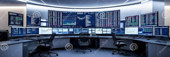 A Modern Data Center Control Room with Multiple Monitors Displaying ...