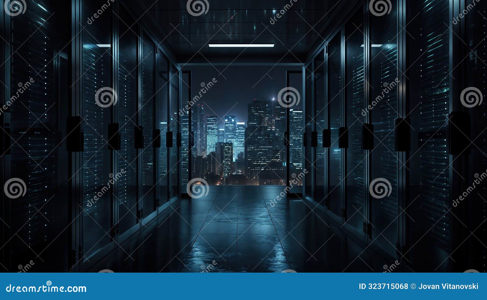 Modern Data Center Corridor with Glowing Server Lights at Night Stock ...