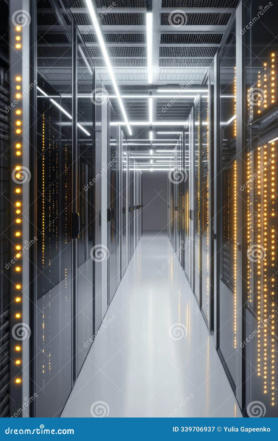 Modern Data Center Corridor with Illuminated Racks and Sleek Design in ...
