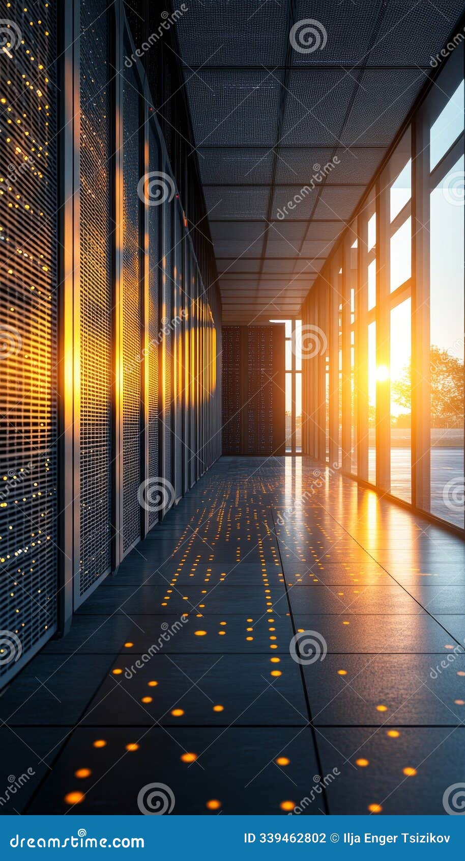 Modern Data Center Corridor with Server Racks and Sunset Light ...