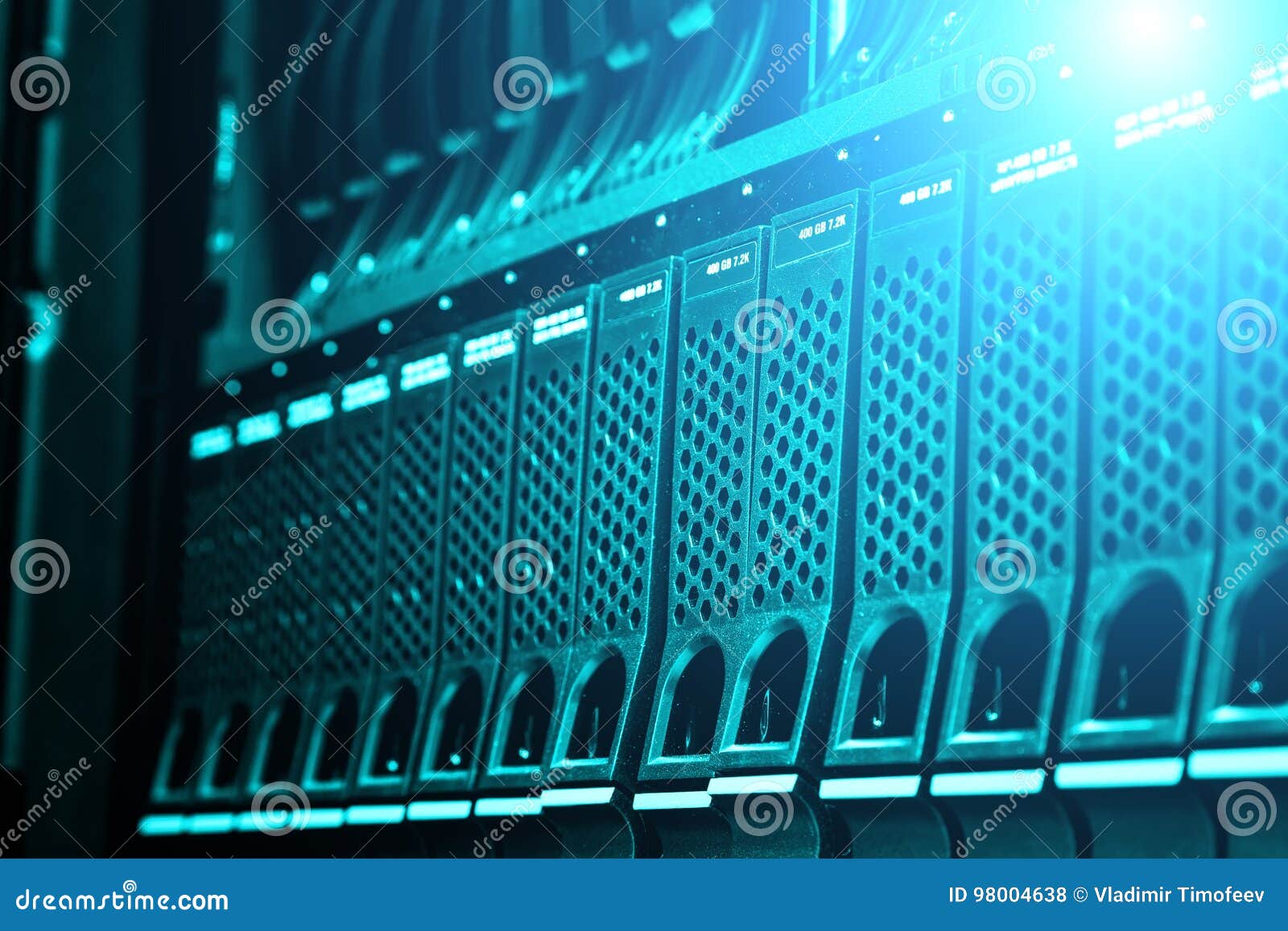 Modern Data Center Disk Storage Perspective Closeup with Blue Light ...
