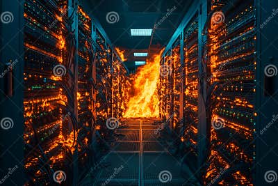 Modern data center on fire stock illustration. Illustration of rack ...